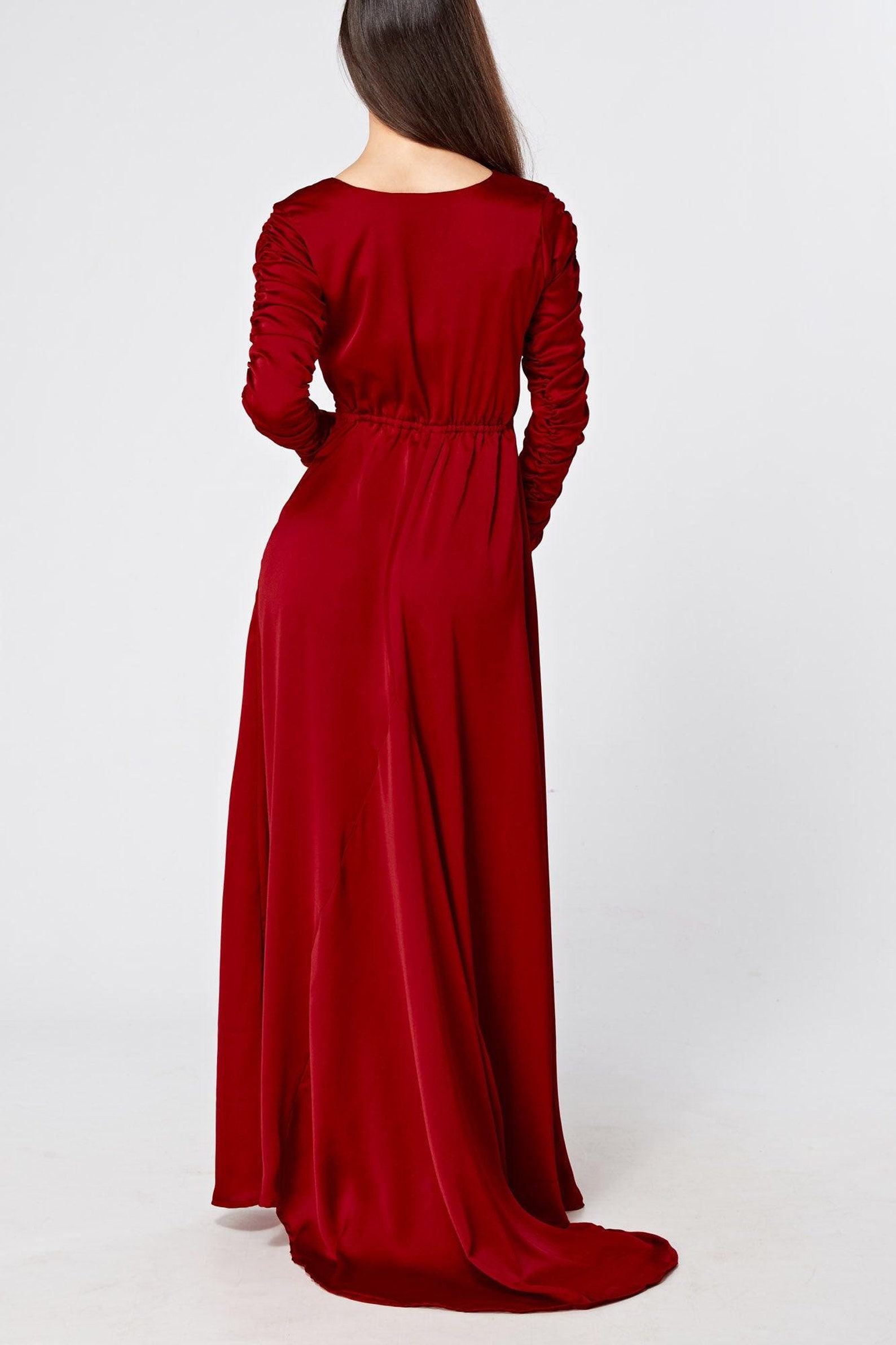 Ella Red Crepe Maxi Dress With Ruched Detail - Etsy