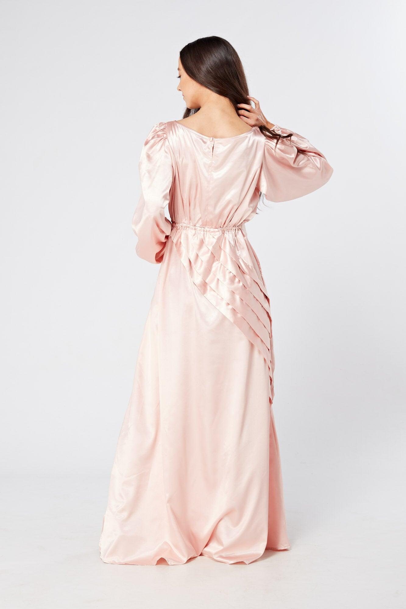 Seraphina Pink Satin Maxi Dress With Long Sleeves - Etsy