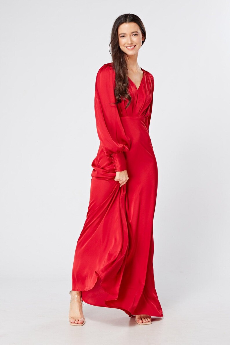 Valeria Scarlet Red Satin Luxury Maxi Dress With Long Sleeves - Etsy