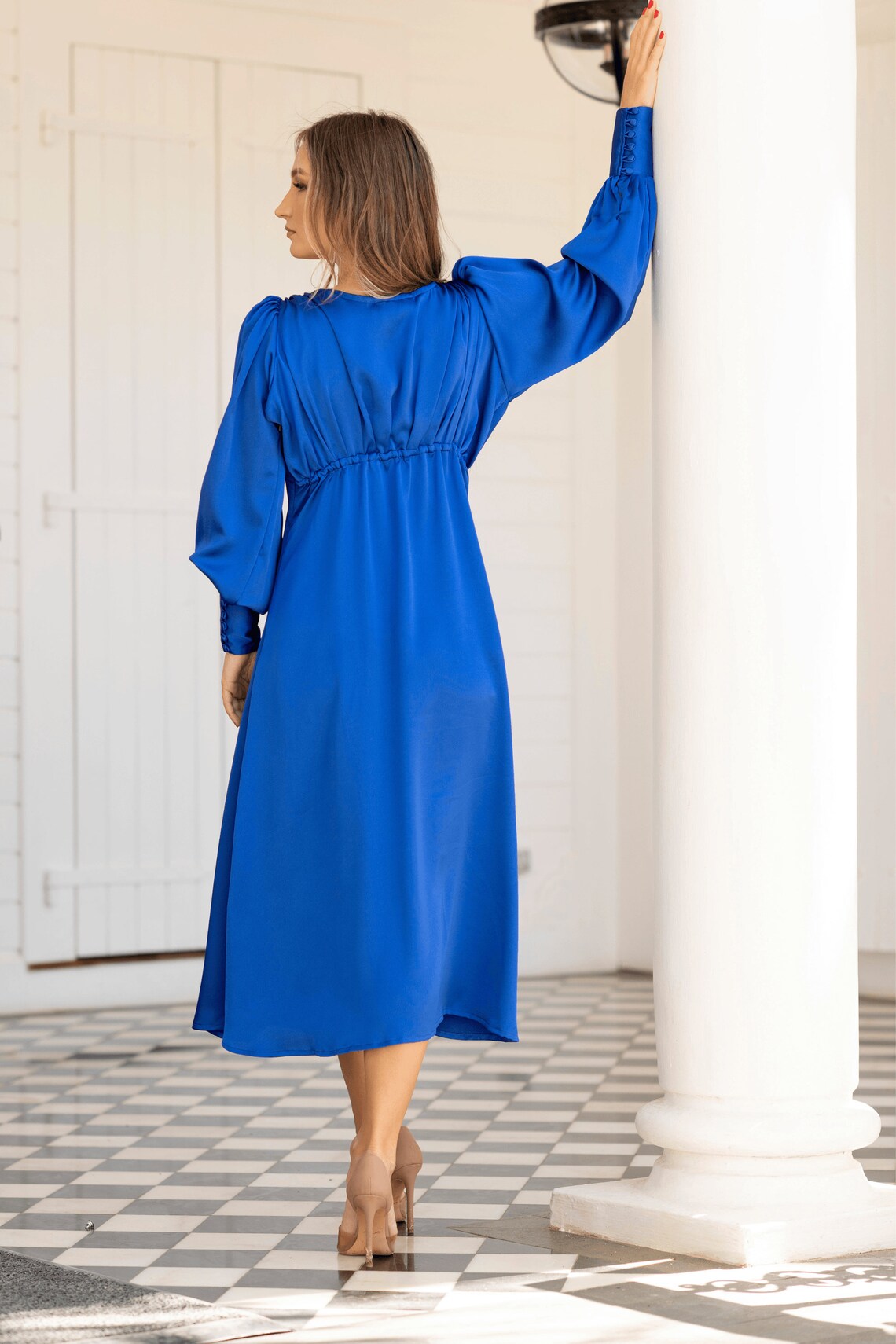 Azurine Cobalt Blue Satin-feel Midi Dress With Long Sleeves - Etsy