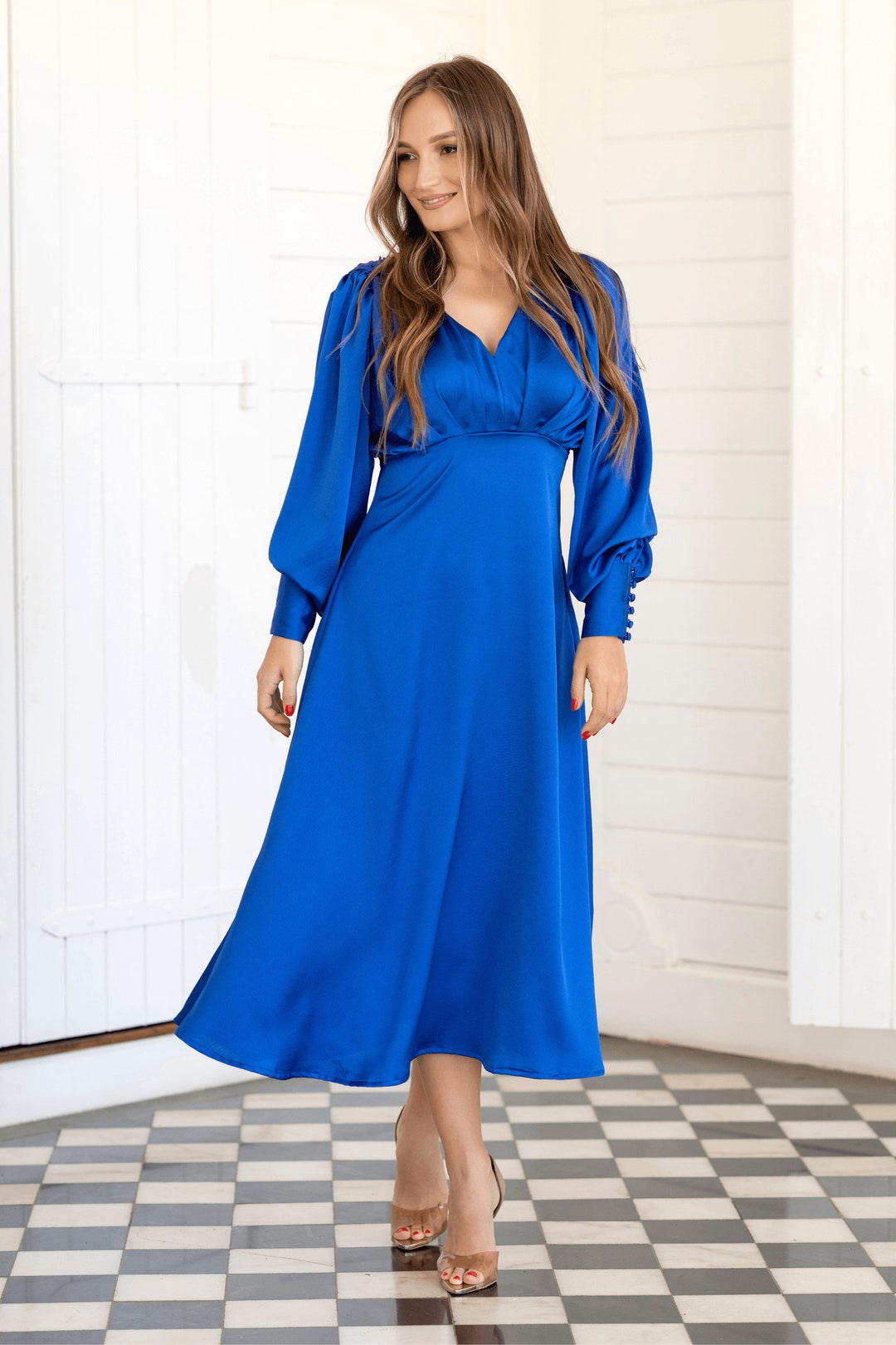 Azurine Cobalt Blue Satin-feel Midi Dress With Long Sleeves - Etsy