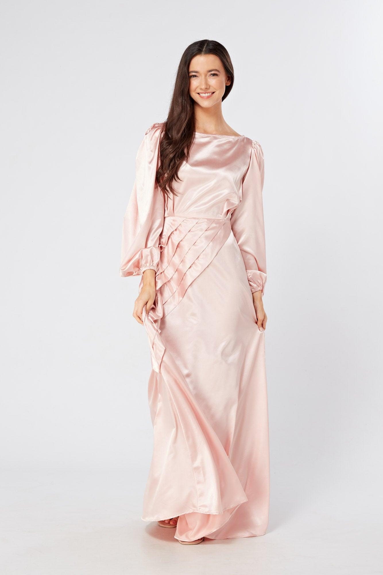 Seraphina Pink Satin Maxi Dress With Long Sleeves - Etsy
