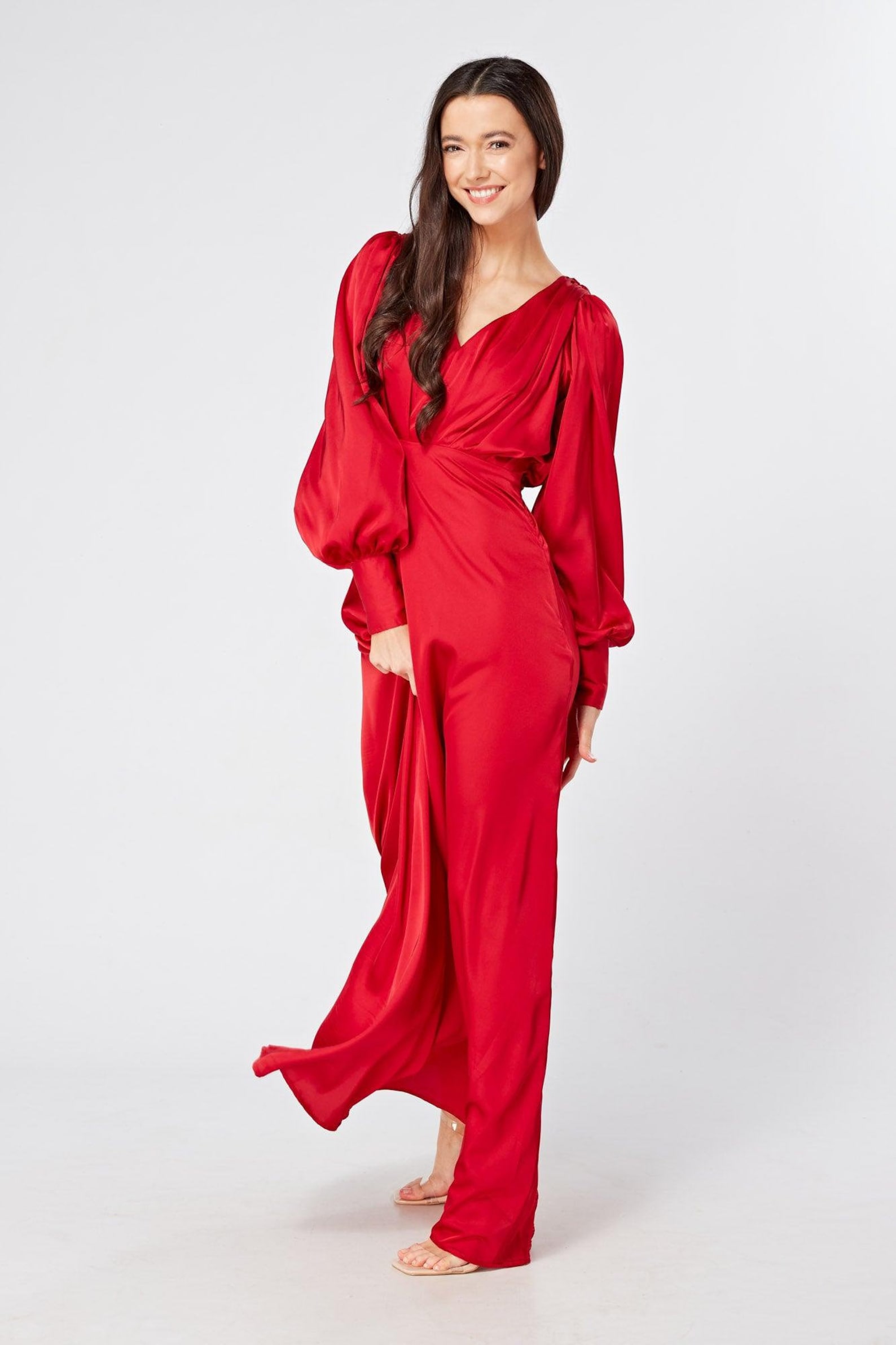 Valeria Scarlet Red Satin Luxury Maxi Dress With Long Sleeves - Etsy