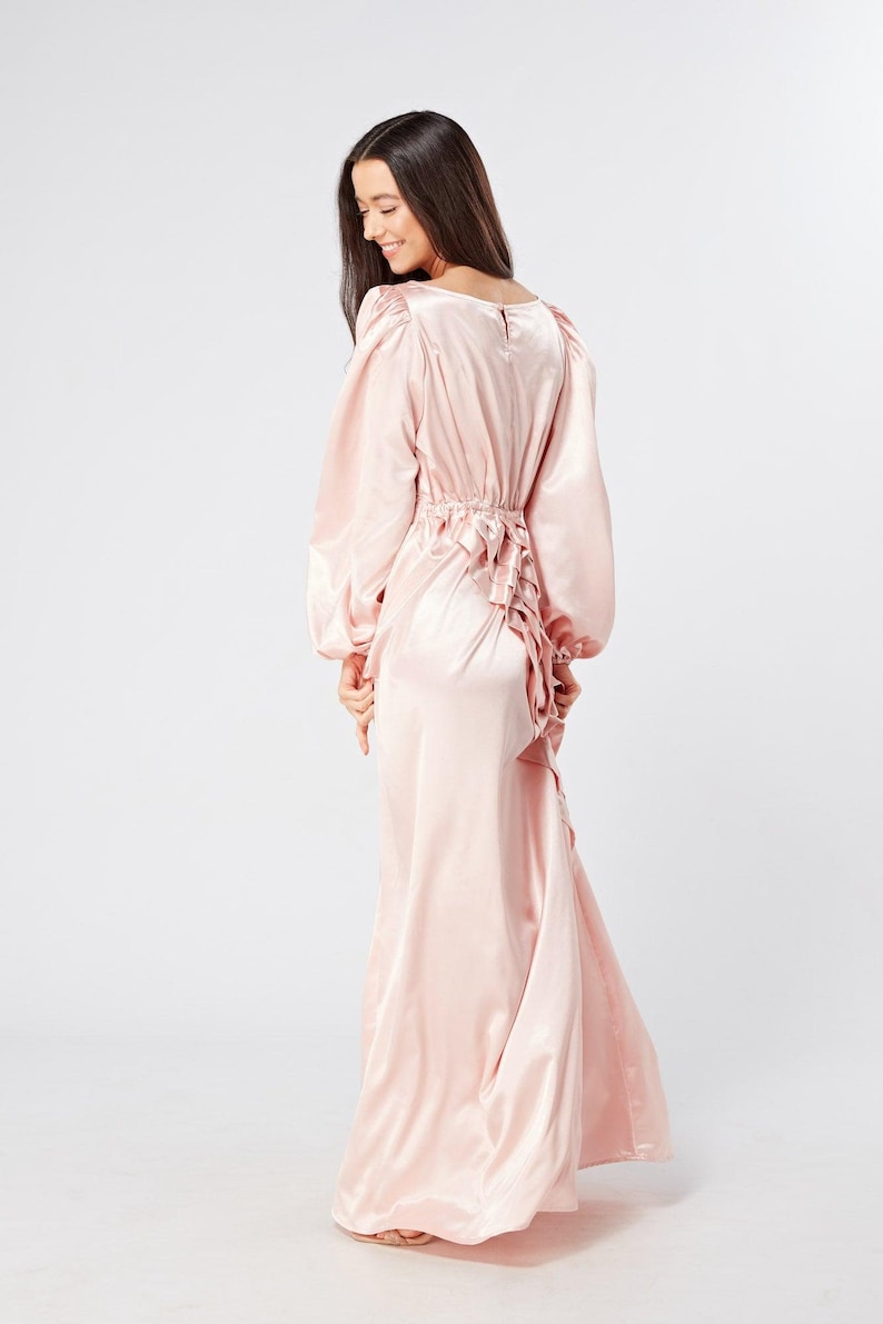 Seraphina Pink Satin Maxi Dress With Long Sleeves - Etsy