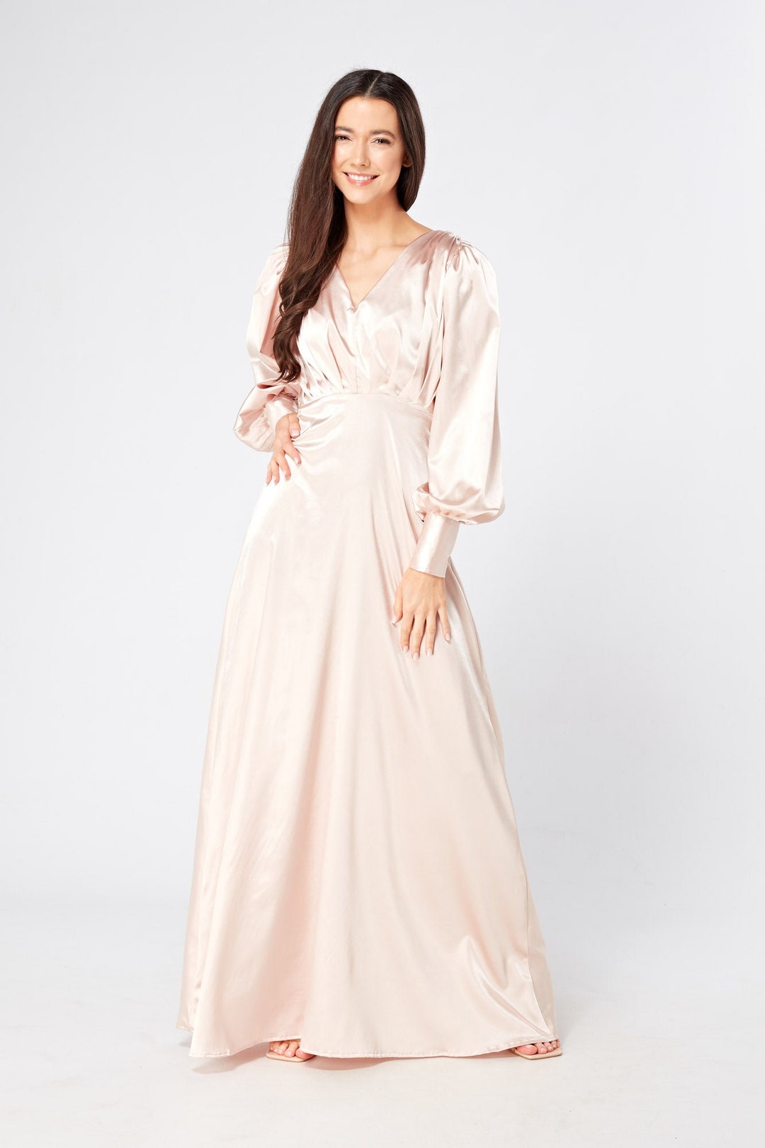 Rosetta Light Rose Pink Satin Maxi Dress With Long Sleeves - Etsy