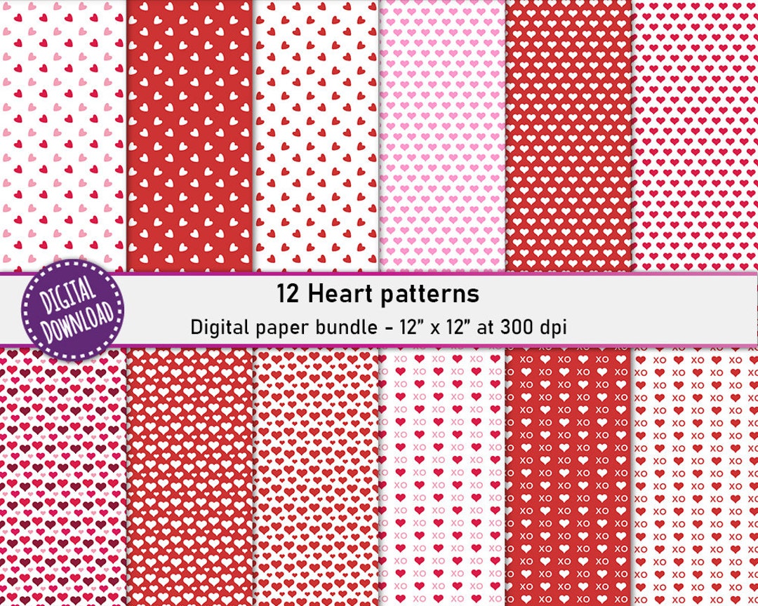 Valentine Hearts Digital Paper Pack - 12 Heart Pattern Digital Papers ...