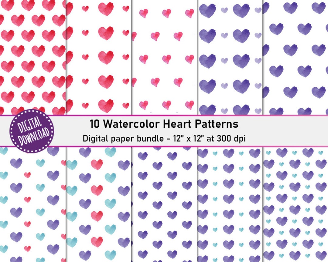 Watercolor Hearts Digital Paper Pack - Watercolor Heart Background ...