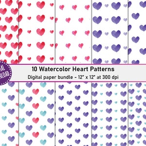Watercolor Hearts Digital Paper Pack - Watercolor Heart Background ...