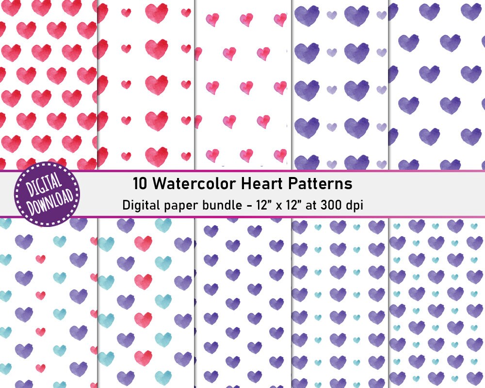 Watercolor Hearts Digital Paper Pack Watercolor Heart - Etsy