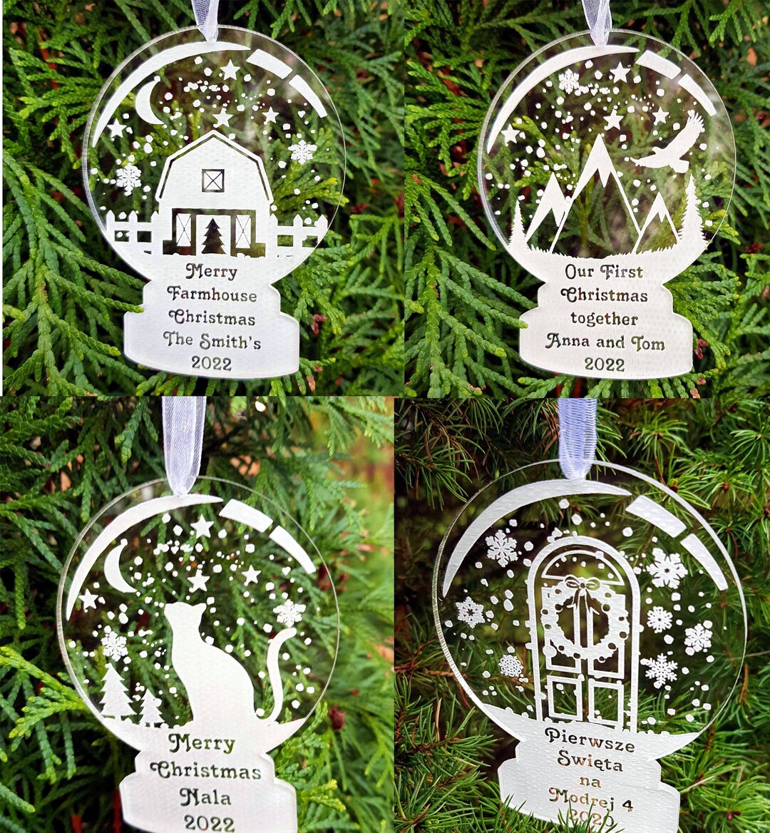 Custom Clear Acrylic Name Bauble Snow Globe Shape First Christmas Tree ...