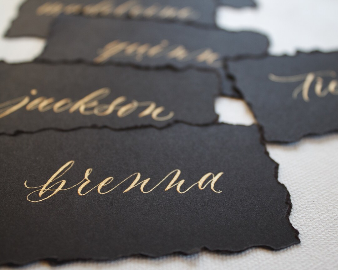 Black Custom Calligraphy Place Cards | Name Tag | Deckled Edge | Hand ...