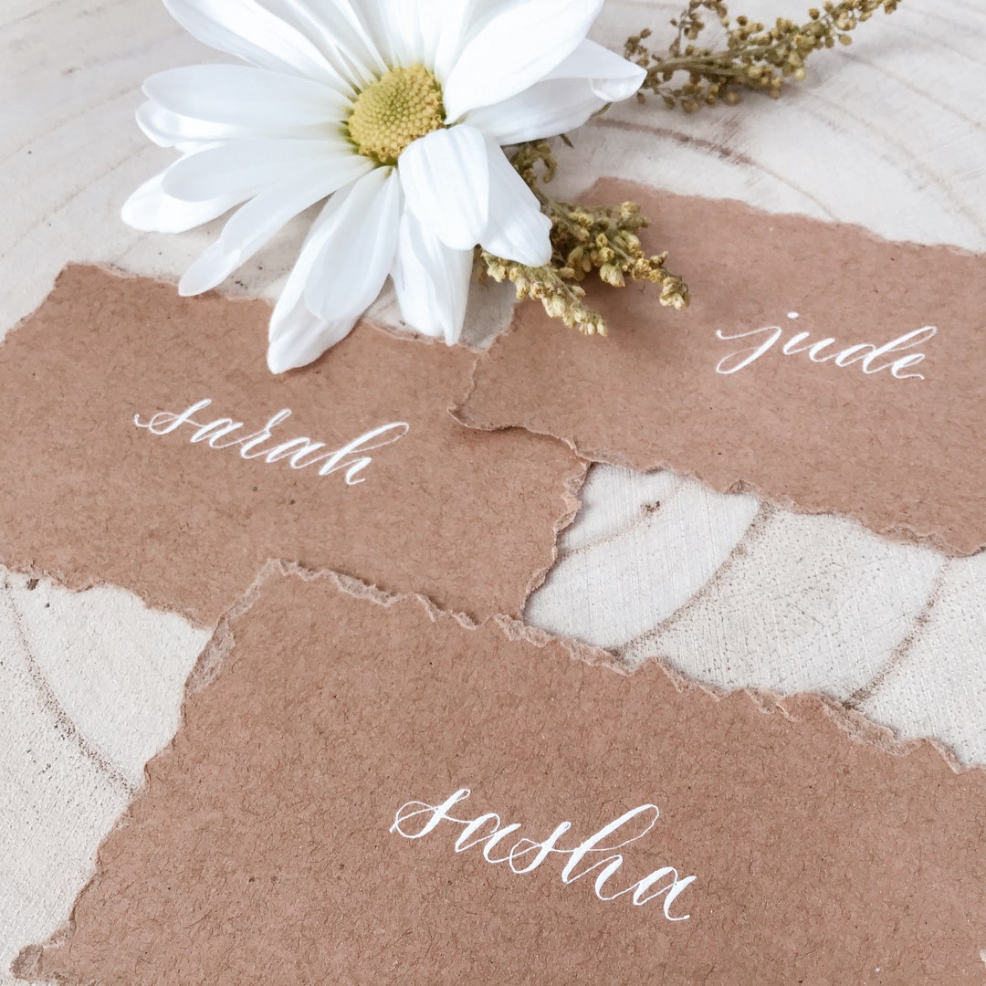 KRAFT Custom Calligraphy Place Cards | Name Tag | Boho Deckled Edge ...