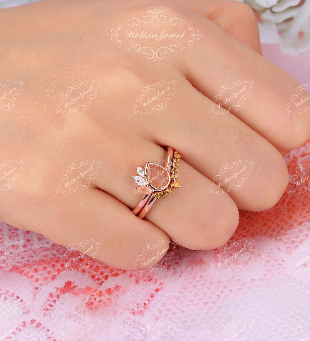 Bezel Set Sunshine Stone Wedding Ring Sets Solid Gold 5x7mm Teardrop ...