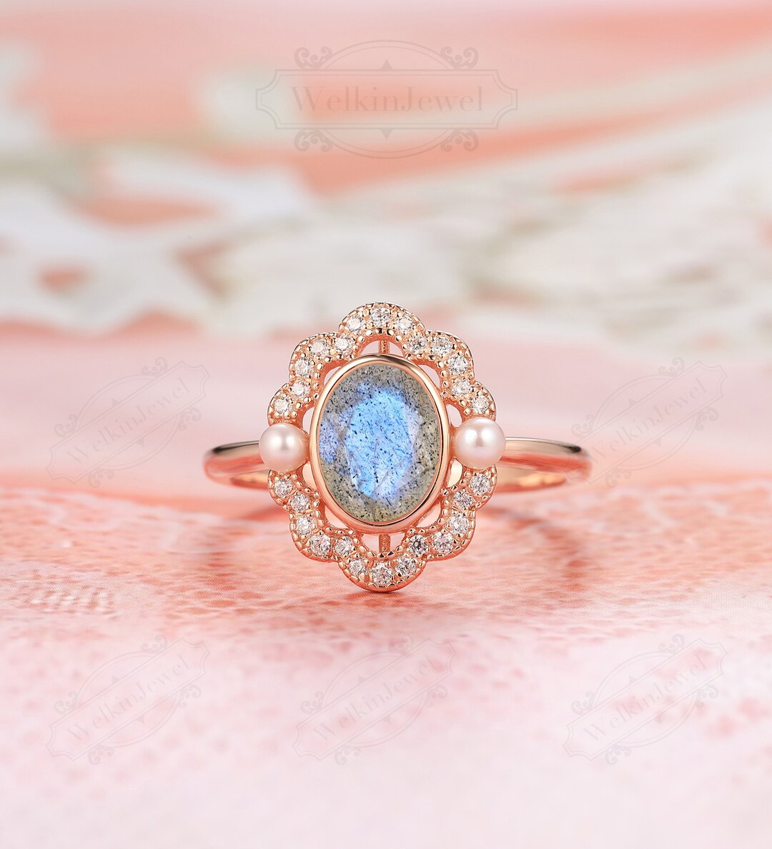 Jewelry Handmade Natural Labradorite Wedding Ring 18k Solid Rose Gold ...