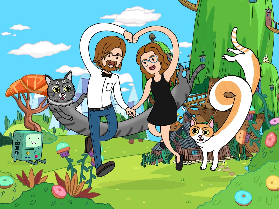 Adventure Time Style Custom Couple Portrait With Pets (digital File) - Etsy