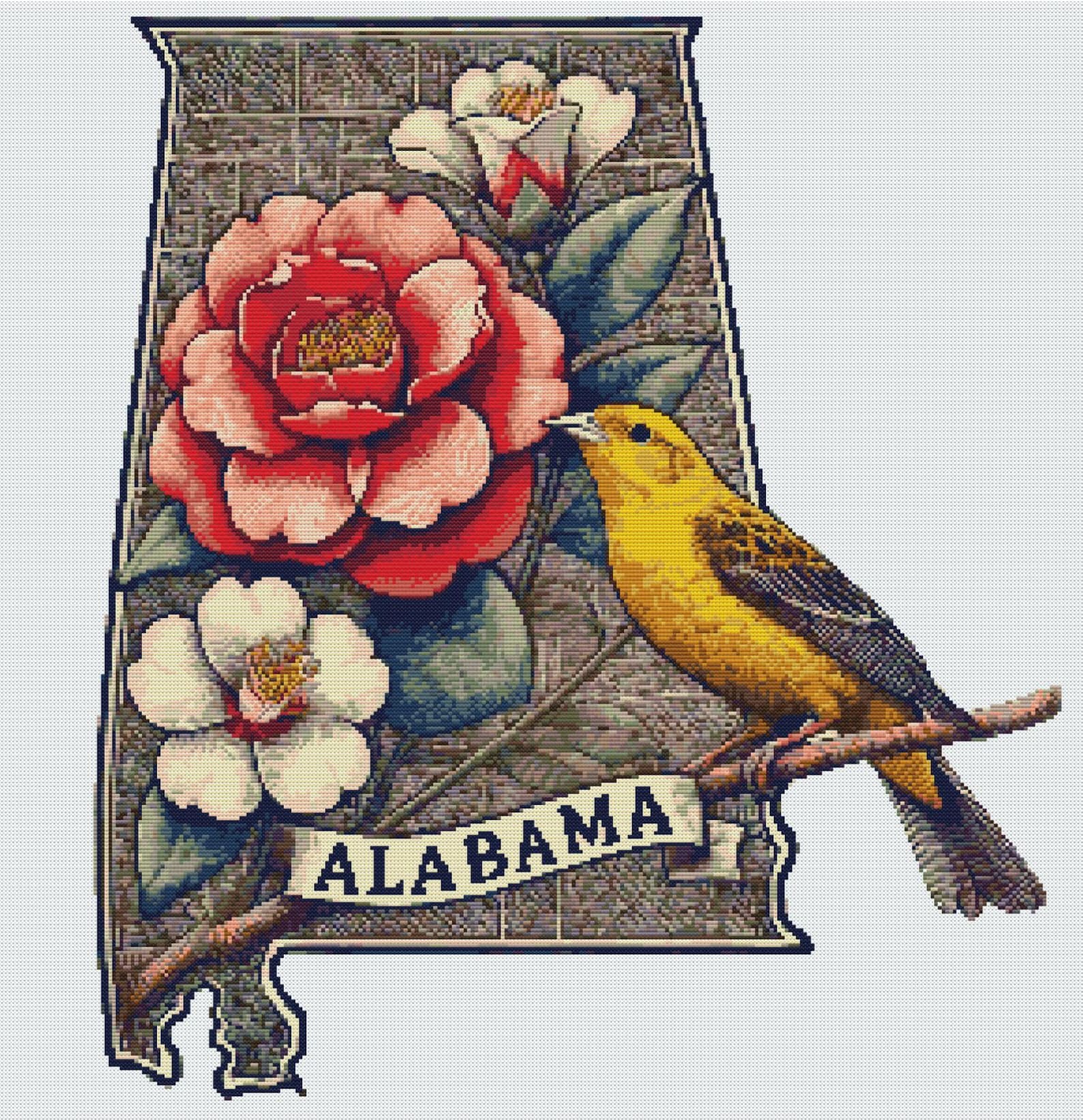 Alabama Map Cross Stitch Pattern PDF, State Bird and Flower Embroidery ...
