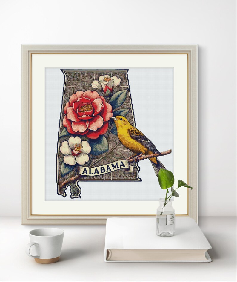Alabama Map Cross Stitch Pattern PDF, State Bird and Flower Embroidery ...