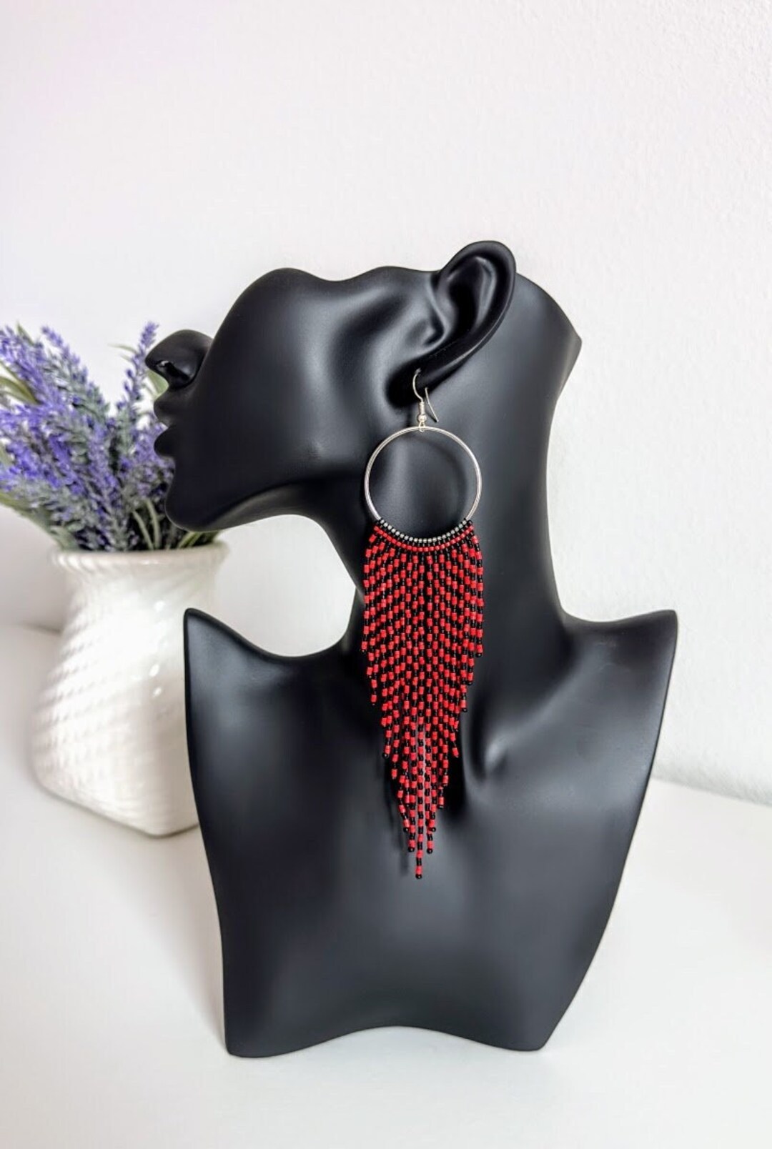Handmade Seed Bead Drop Fringe Earrings, Red and Black Elegant Seed ...