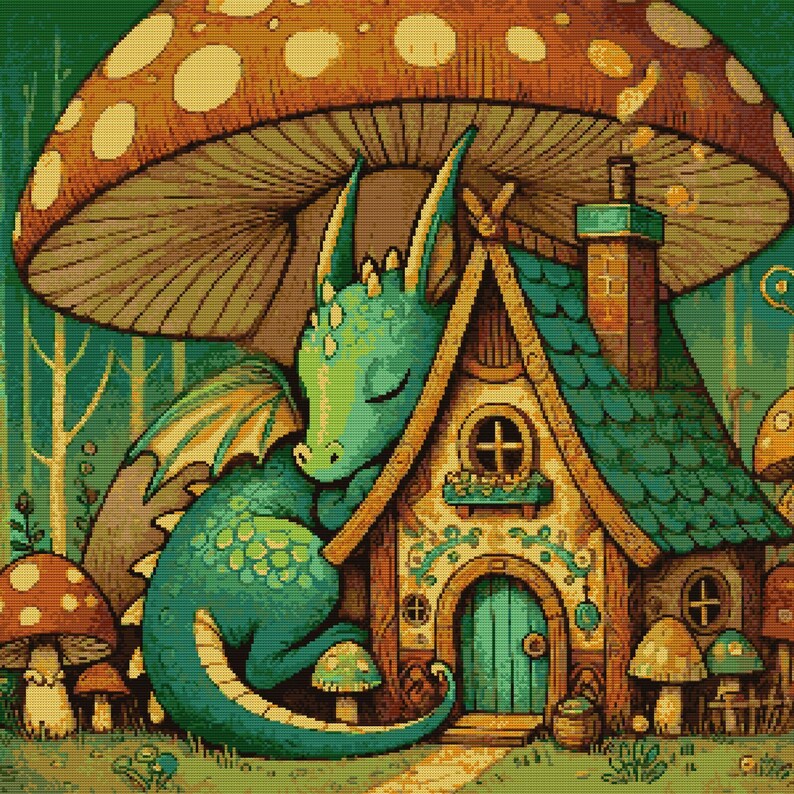 Sleeping Dragon Cross Stitch Chart, Fantasy Cottage Embroidery PDF ...
