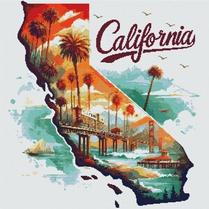 California Map Cross Stitch Pattern PDF, Retro Travel Embroidery Design ...