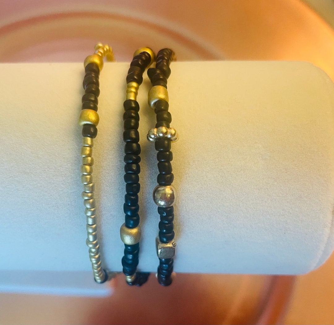 Black and Gold Beaded Bracelet Set - Etsy
