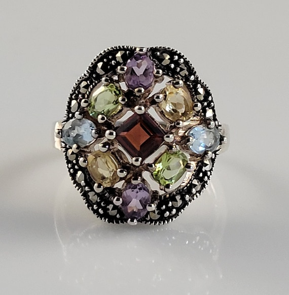 Multi Gemstone Estate Ring Multicolor Cluster Ring Tu… - Gem
