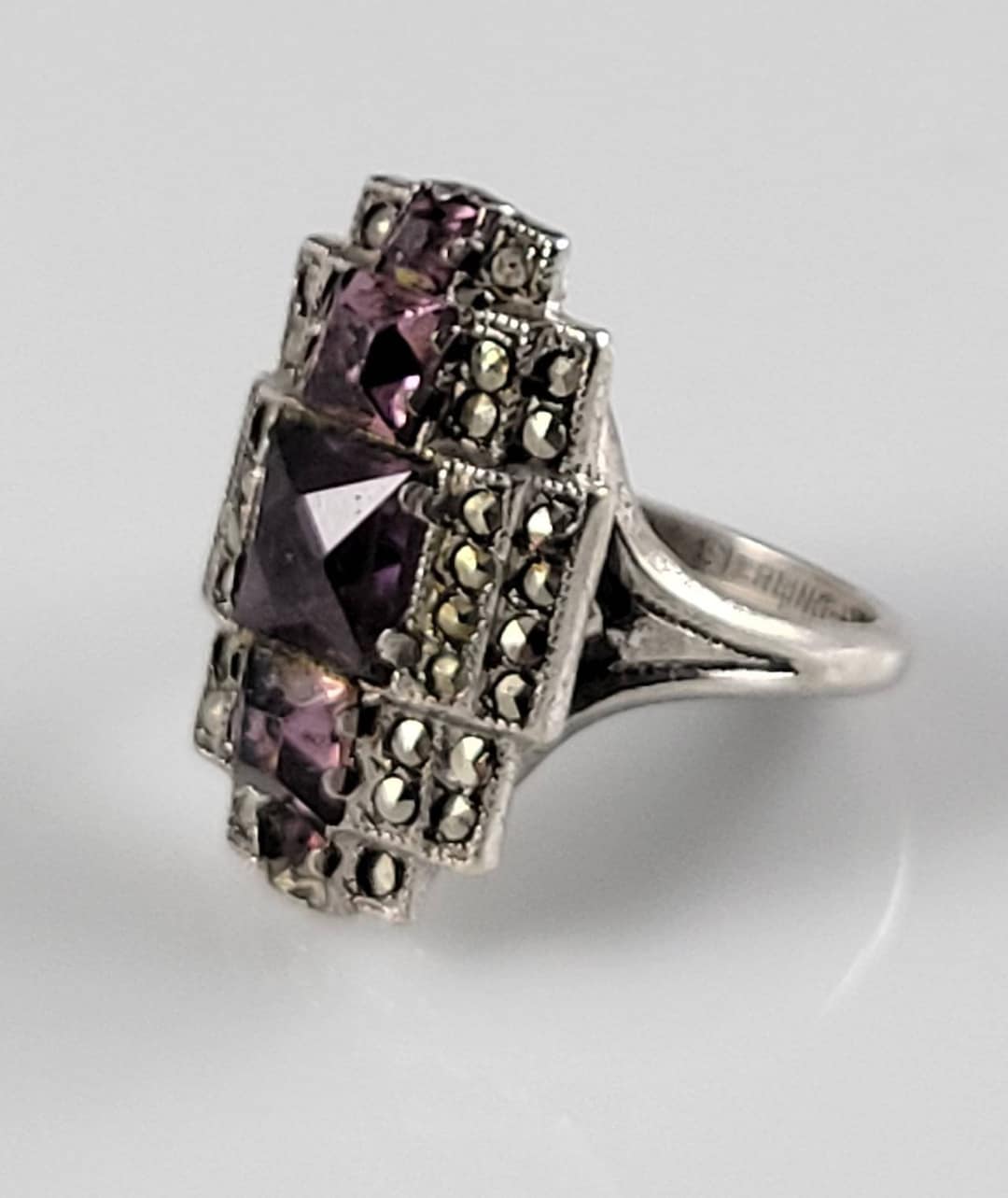 Uncas Art Deco Amethyst Glass & Marcasite Sterling Silver Ring-1920s ...