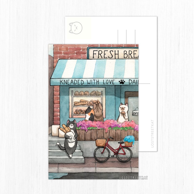 Bakery Cats Postcard // Bakery Cat Art - Etsy
