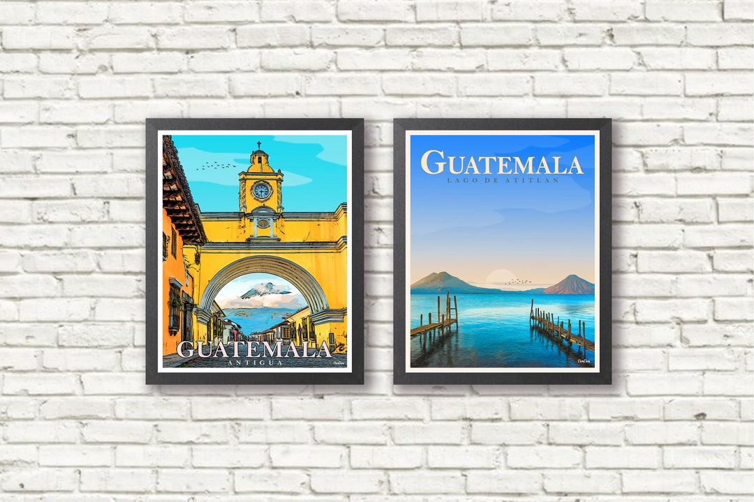 Set of 2 Guatemala Travel Posters - Antigua - Lago De Atitlan - Printed ...
