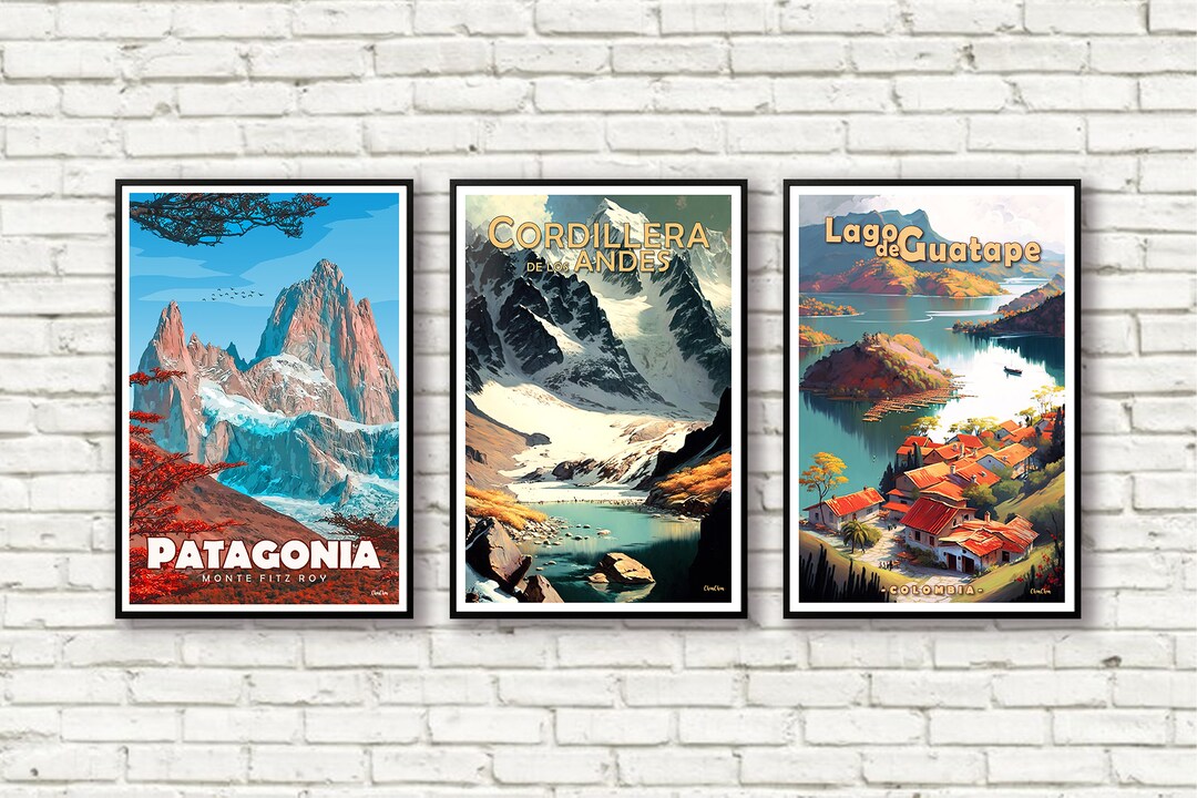 Set of 3 Travel Posters - Patagonia - Lago De Guatape - Cordillera De ...