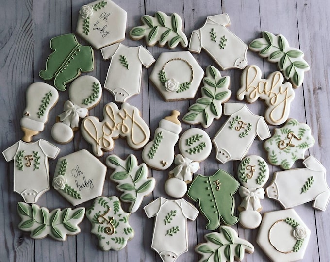 Gender Neutral Baby Shower Cookies ONE DOZEN - Natural Greenery Theme ...