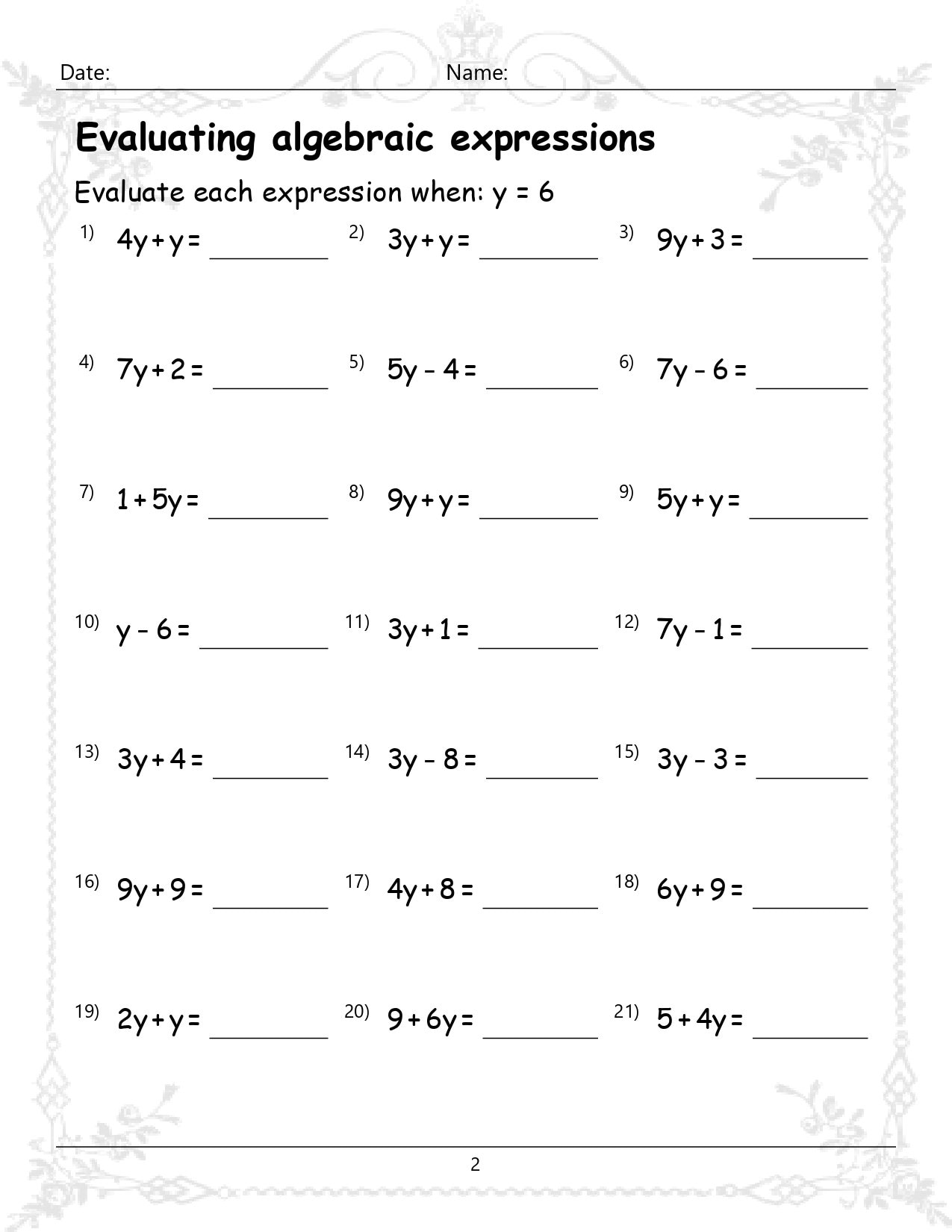 6th Grade Algebraic Expressions Worksheets