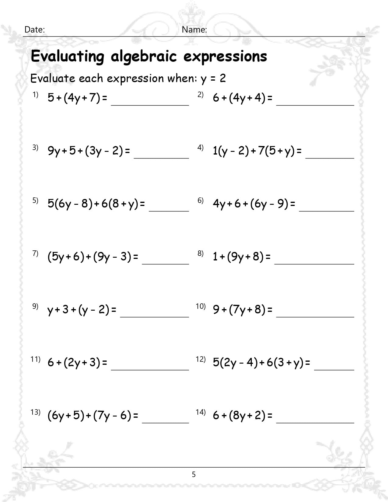 Algebraic Equations Grade 8