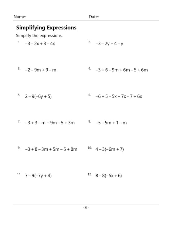 Algebra 1 Worksheets