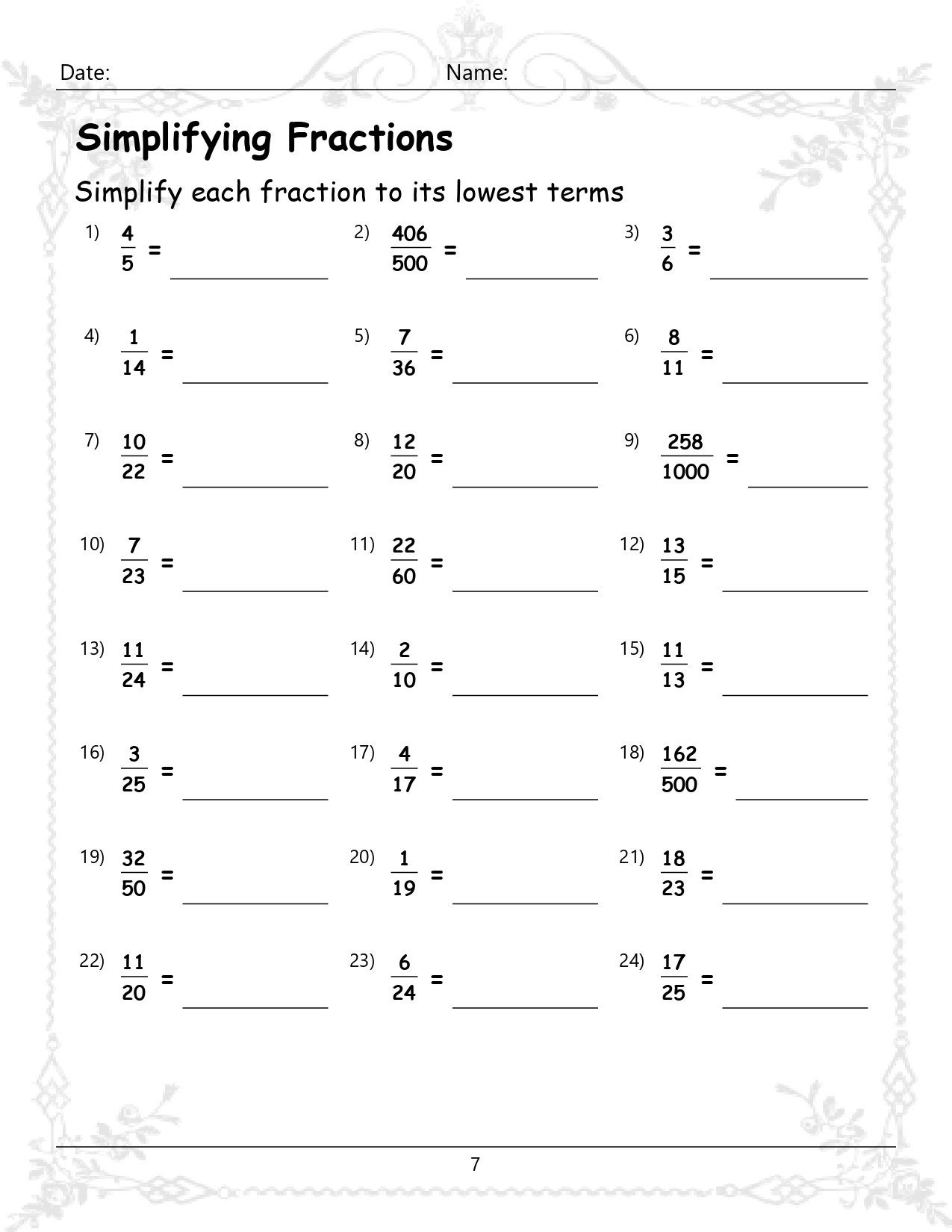Simplifying Fractions Worksheets 6th Grade