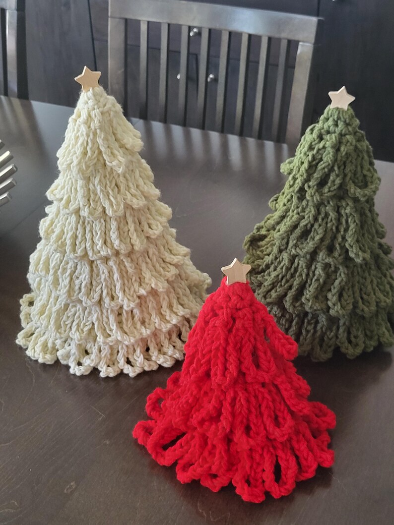 Handmade Crochet Loopy Christmas Tree Set of Three With Wooden Star ...