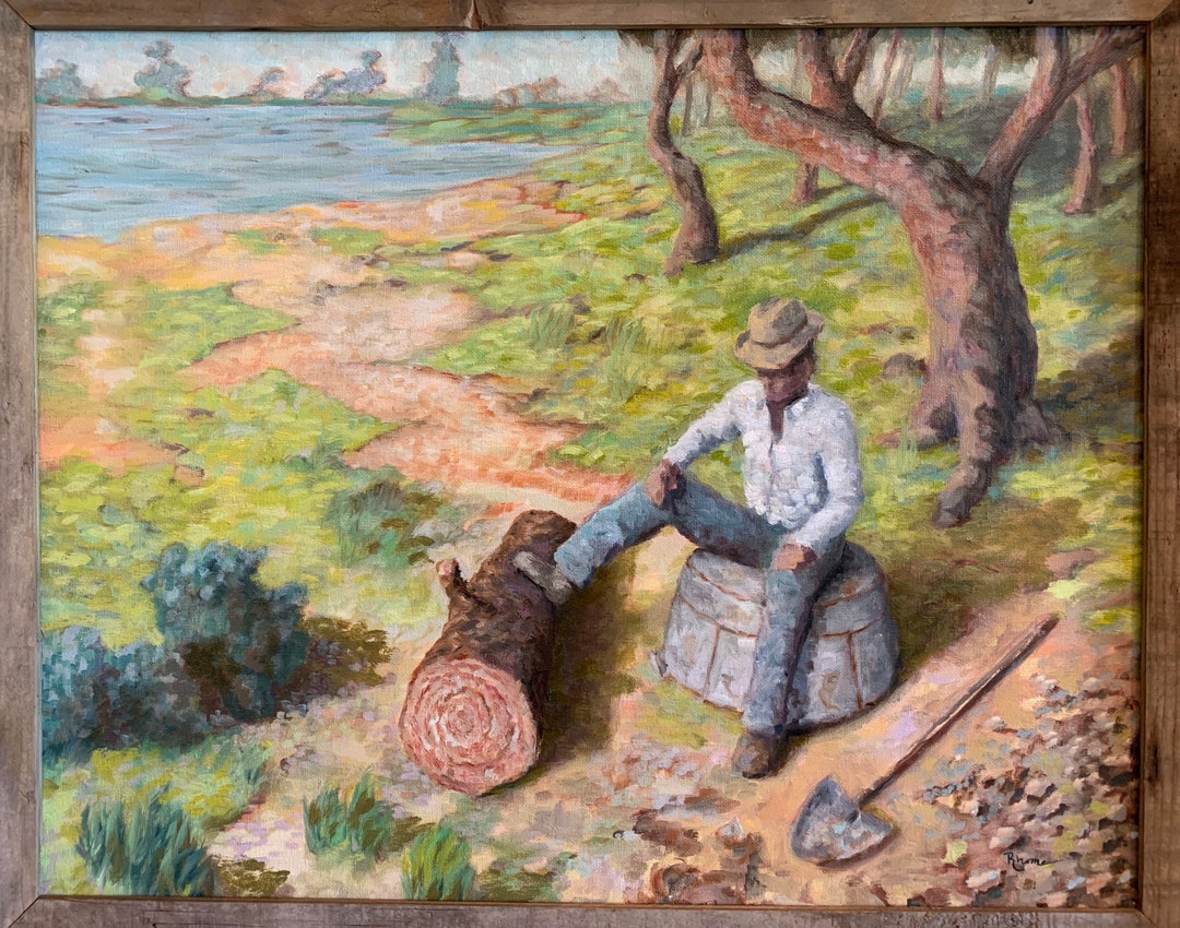 Man, Shovel, Log. Original Oil Painting on Canvas, Texas Landscape Art ...