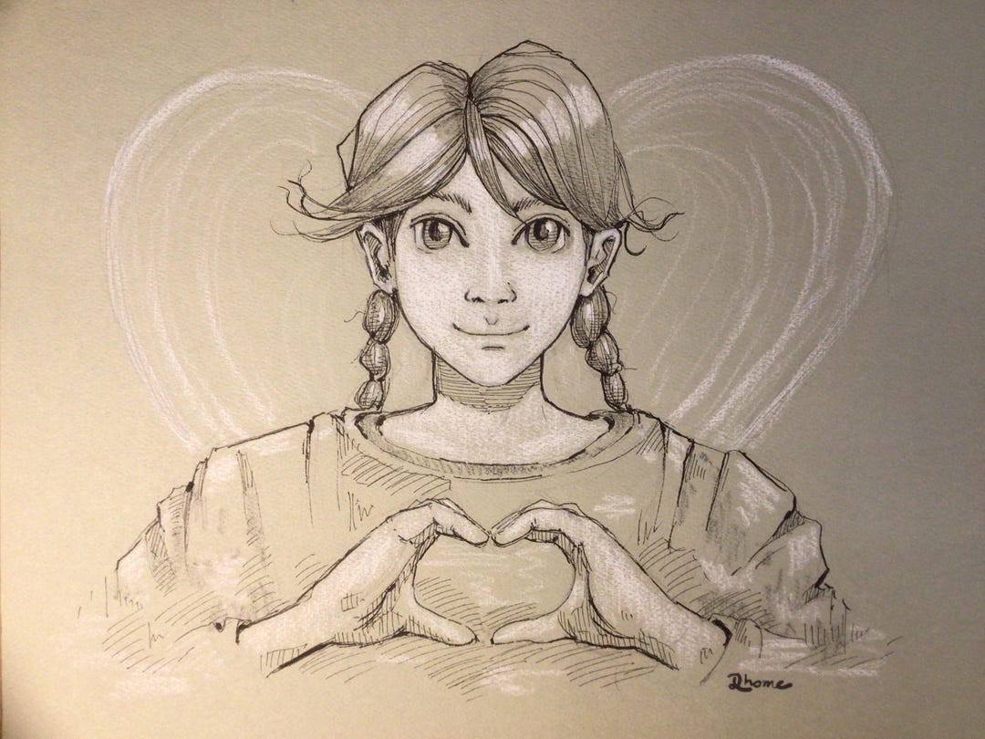 Manga Girl Making a Heart Shape With Large Heart Halo, Ink Drawing by ...