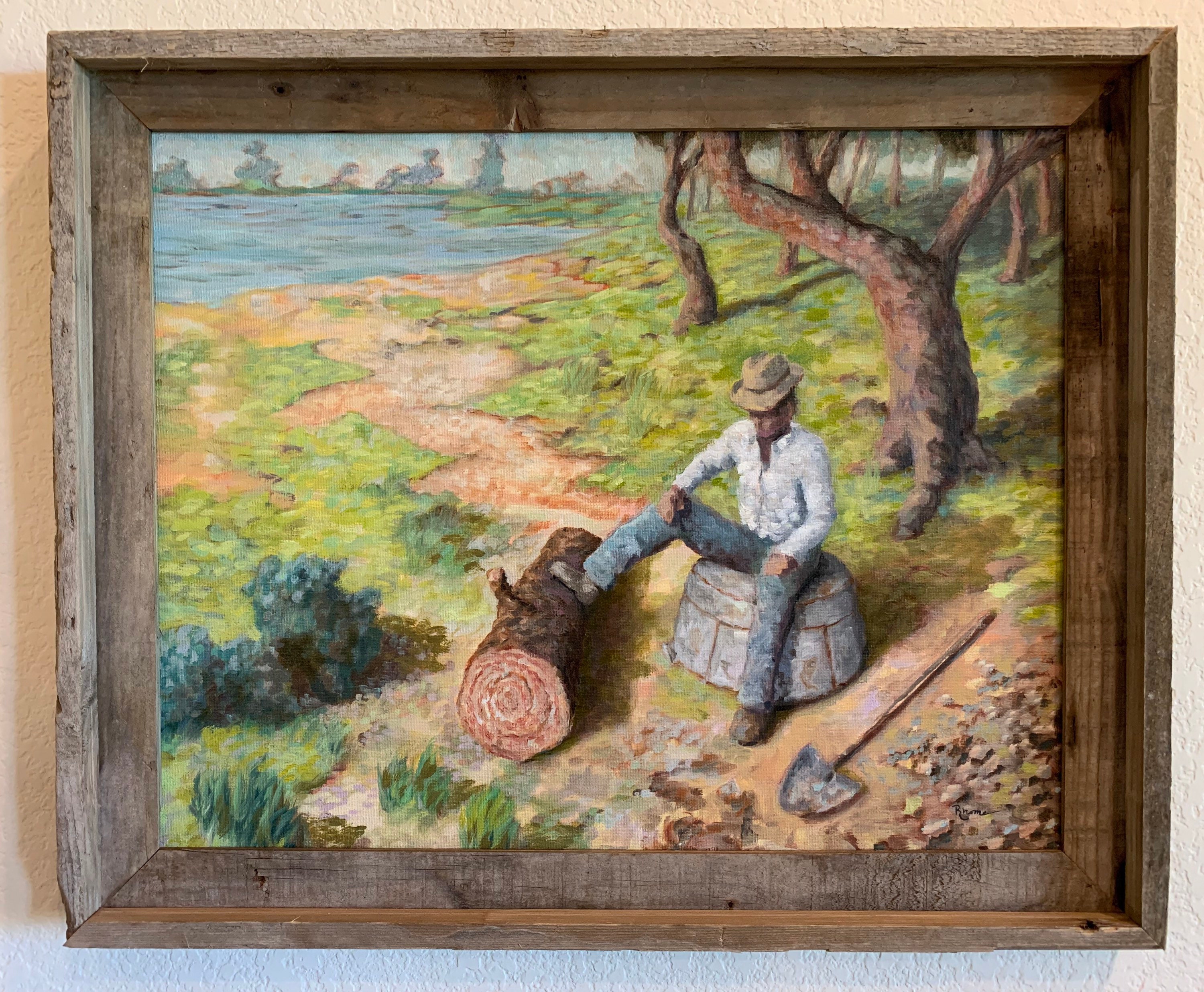 Man, Shovel, Log. Original Oil Painting on Canvas, Texas Landscape Art ...