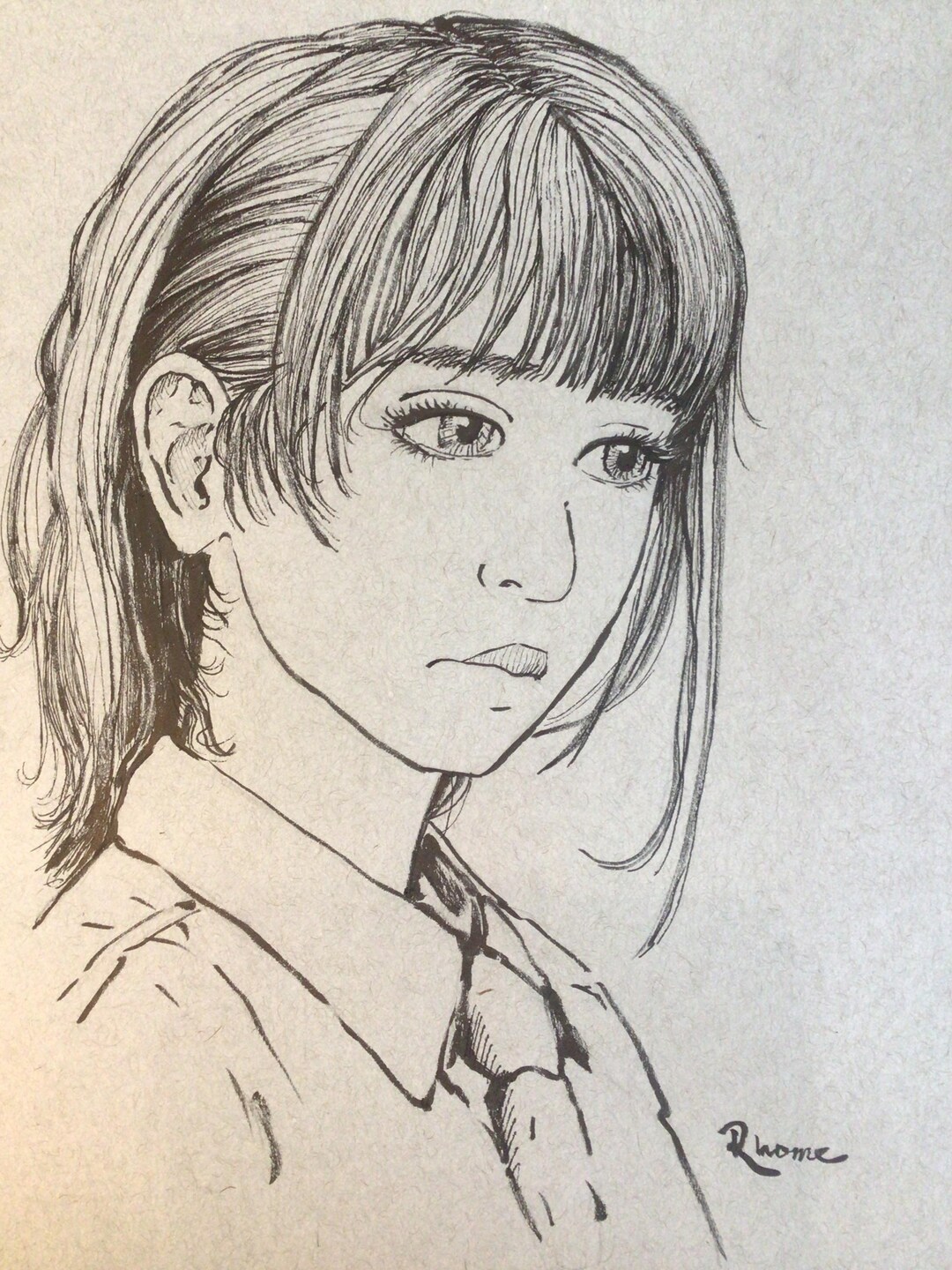 Pensive Manga Girl, Ink Drawing by Rhome, 9 X 12, Original Art, Not a ...