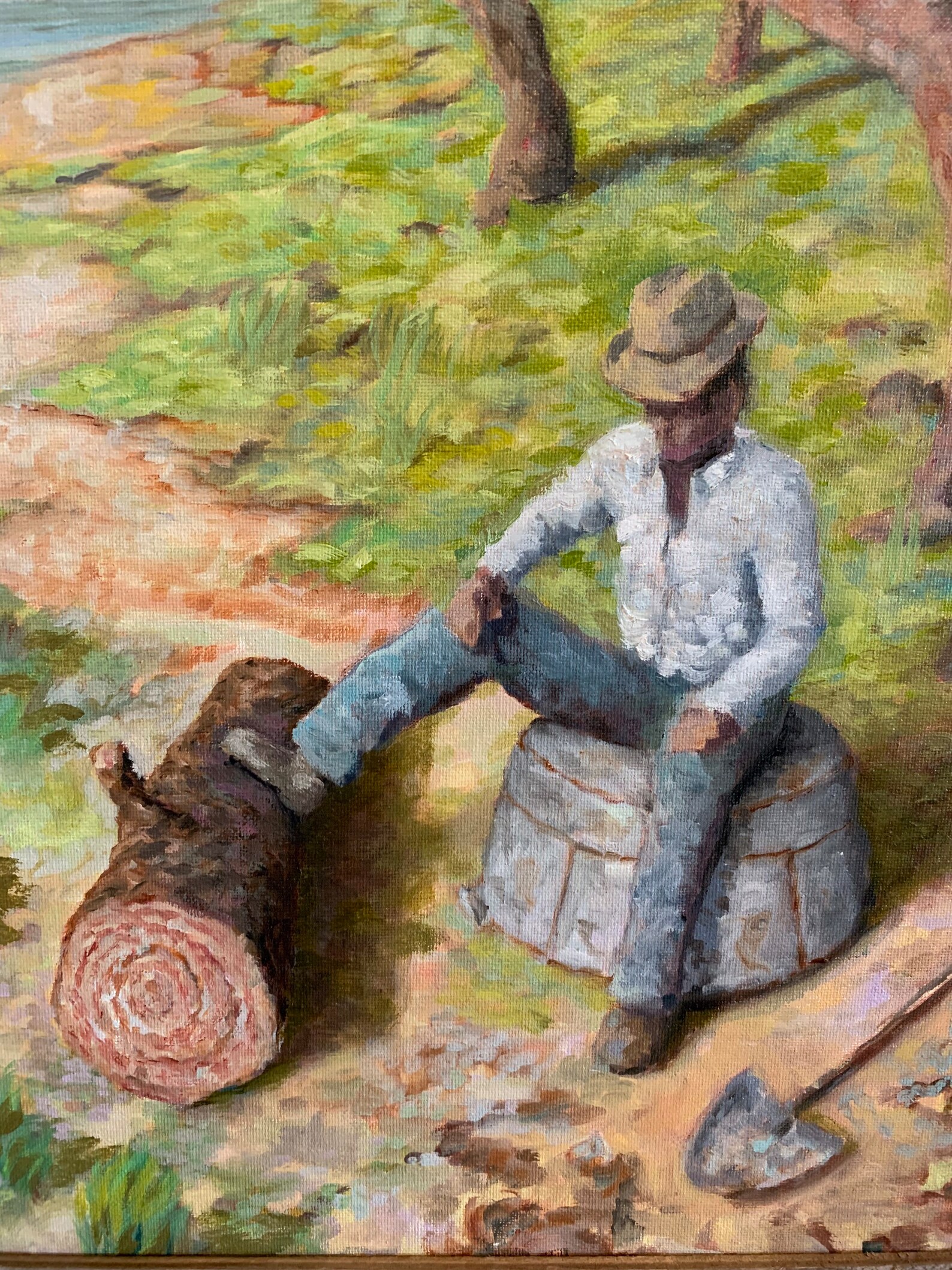 Man, Shovel, Log. Original Oil Painting on Canvas, Texas Landscape Art ...