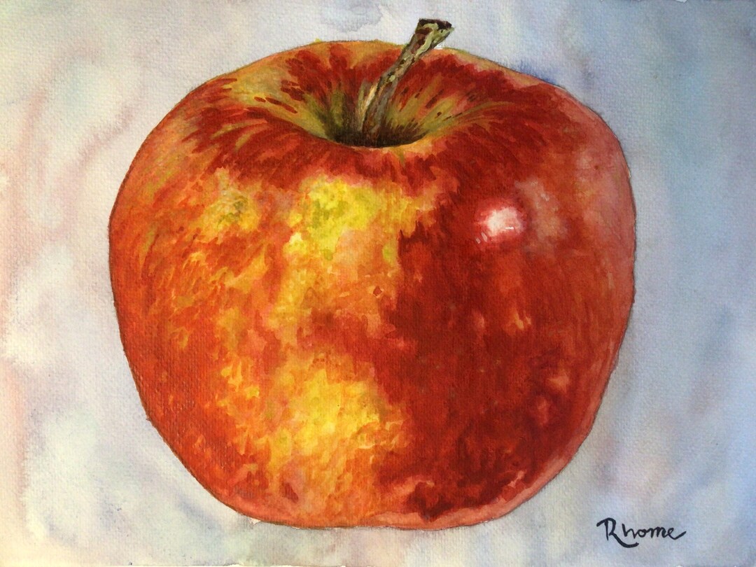 Deep Red and Gold Mottled Apple, Watercolor Painting by Rhome, 9 X 12 ...
