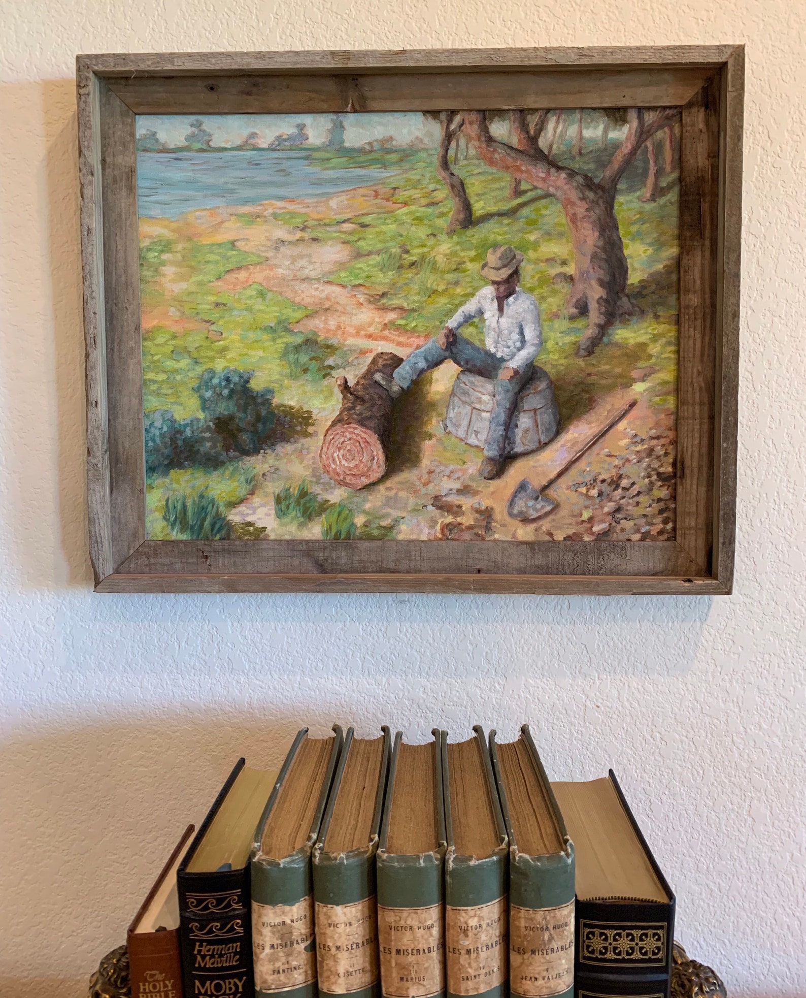 Man, Shovel, Log. Original Oil Painting on Canvas, Texas Landscape Art ...