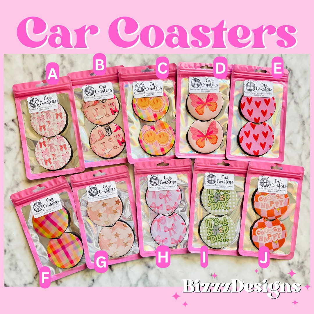 Trendy Cute Car Coasters | Smiley Car Coasters | Girly Car Accessories ...