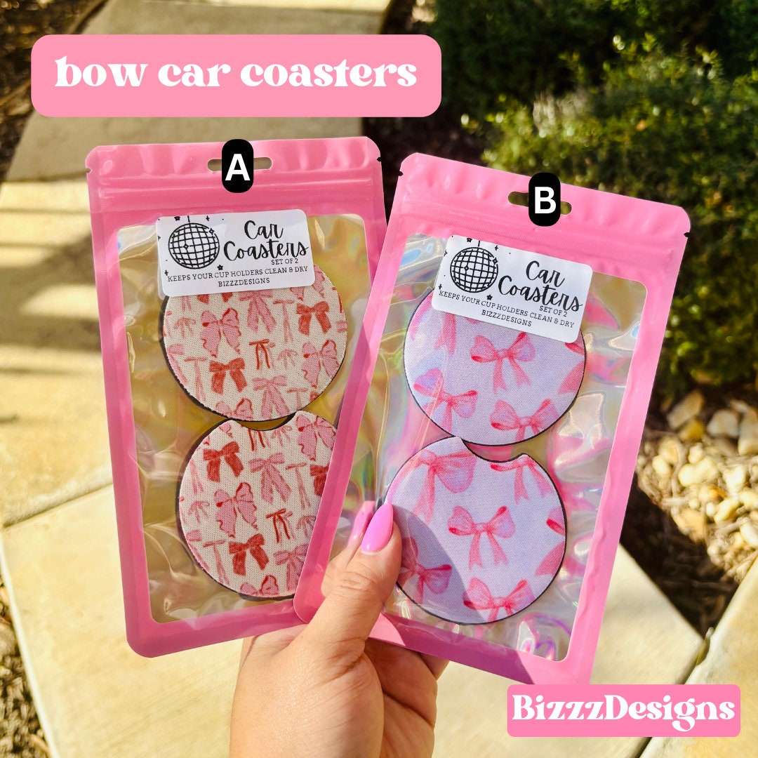 Pink Bow Trendy Cute Car Coasters | Smiley Car Coasters | Girly Car ...