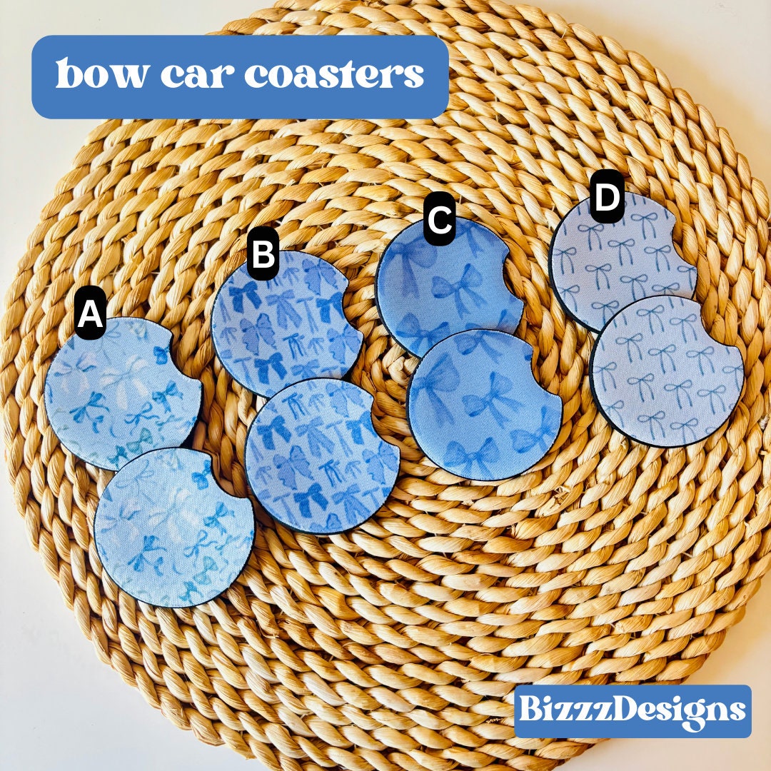 Blue Bow Trendy Cute Car Coasters | Smiley Car Coasters | Girly Car ...