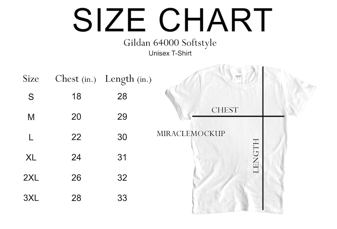 Size Chart Gildan 64000 Softstyle Mockup Shirt White Tshirt Etsy