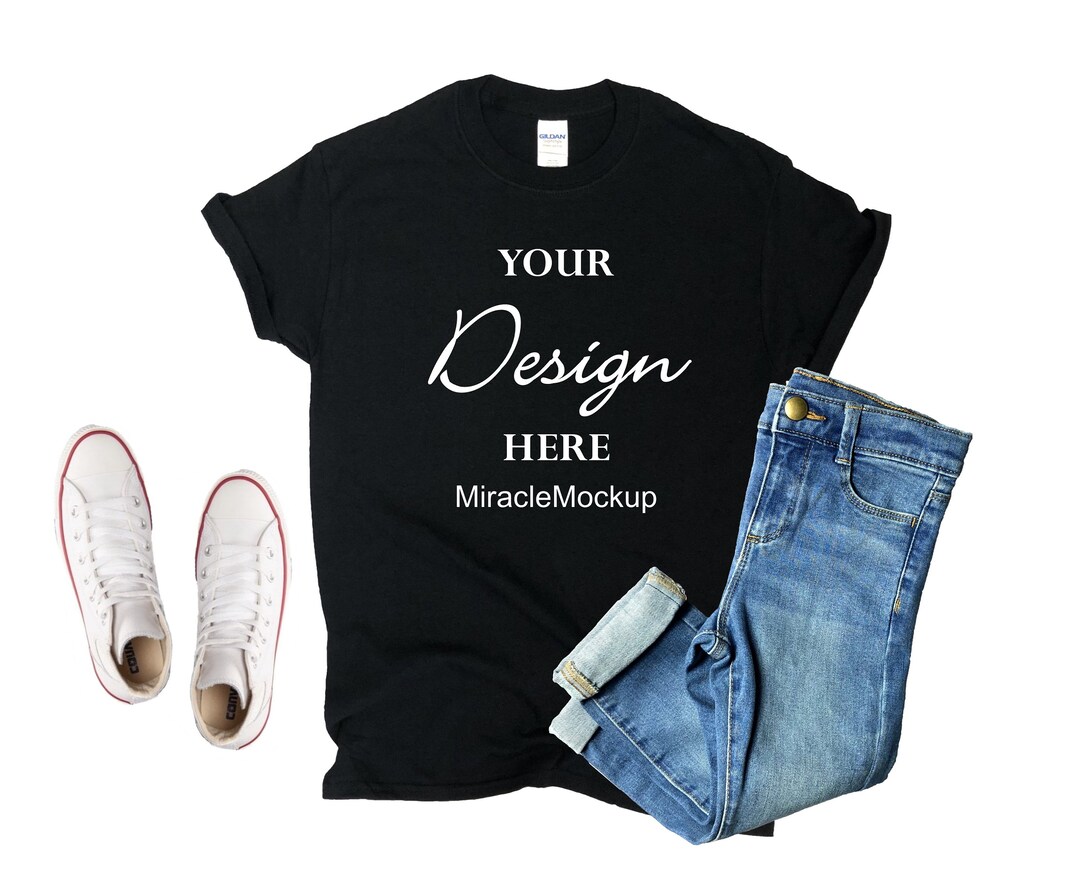 Black Gildan 64000 Softstyle T-shirt Mockup: Flat Lay (digital Download ...