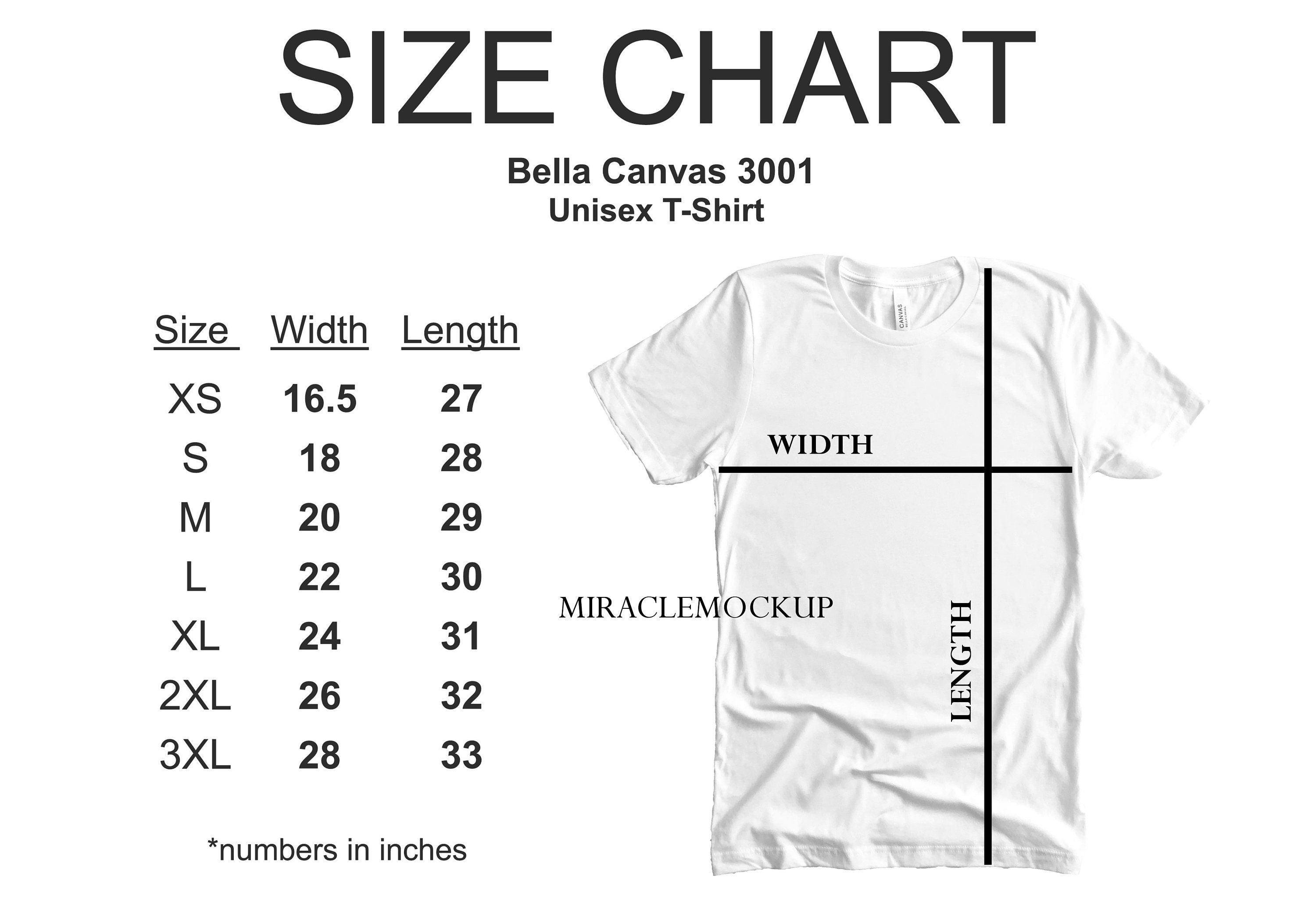 Bella Canvas 3001 Size Chart Mockup Tshirt Unisex Size Chart Etsy