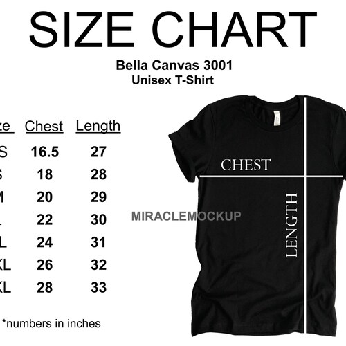 Bella Canvas 3001 Size Chart Mockup Shirt Sizing Bella Canvas Etsy